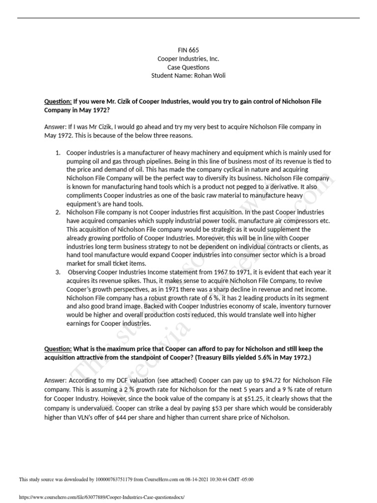 Cooper Industries Case Questions | PDF | Stocks | Mergers And Acquisitions