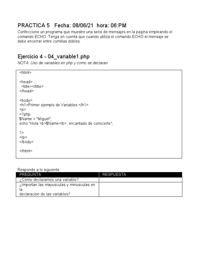 Uso de variables y comandos de salida en PHP | PDF