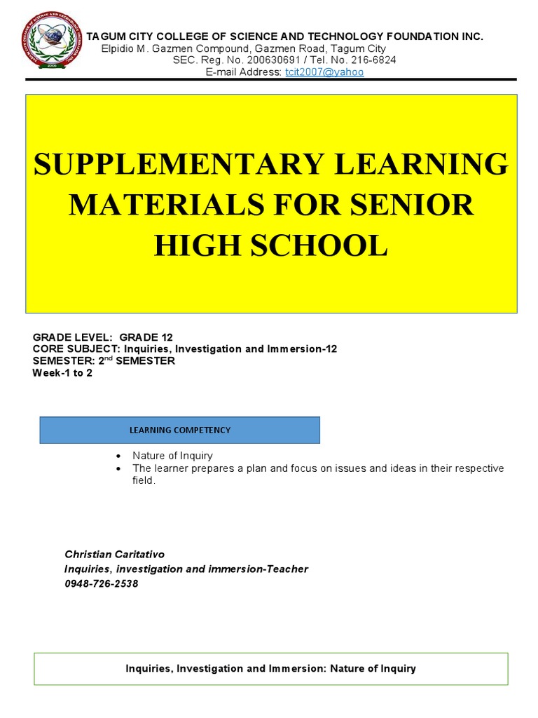 Supplementary Learning Materials For Senior High School | PDF | Inquiry ...