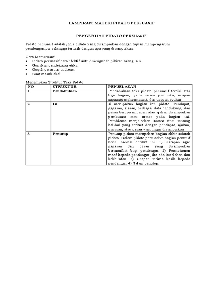 Lampiran Materi Struktur Pidato Persuasif KD 3.1 | PDF