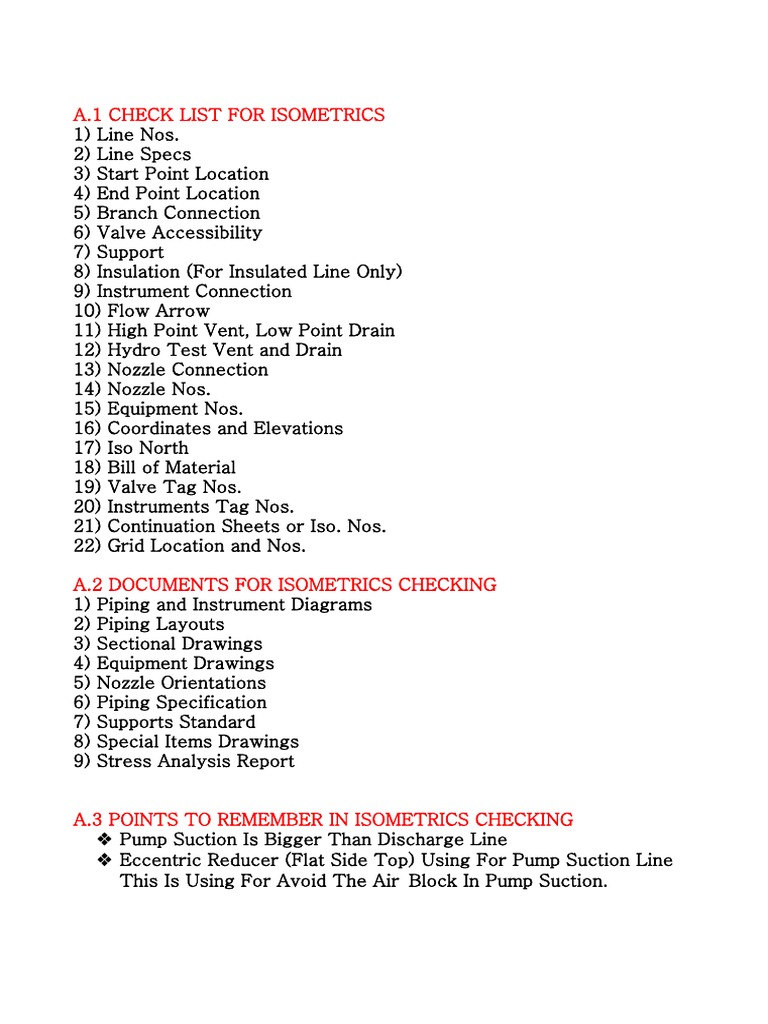 Check List For Isometrics | PDF | Pipe (Fluid Conveyance) | Pump