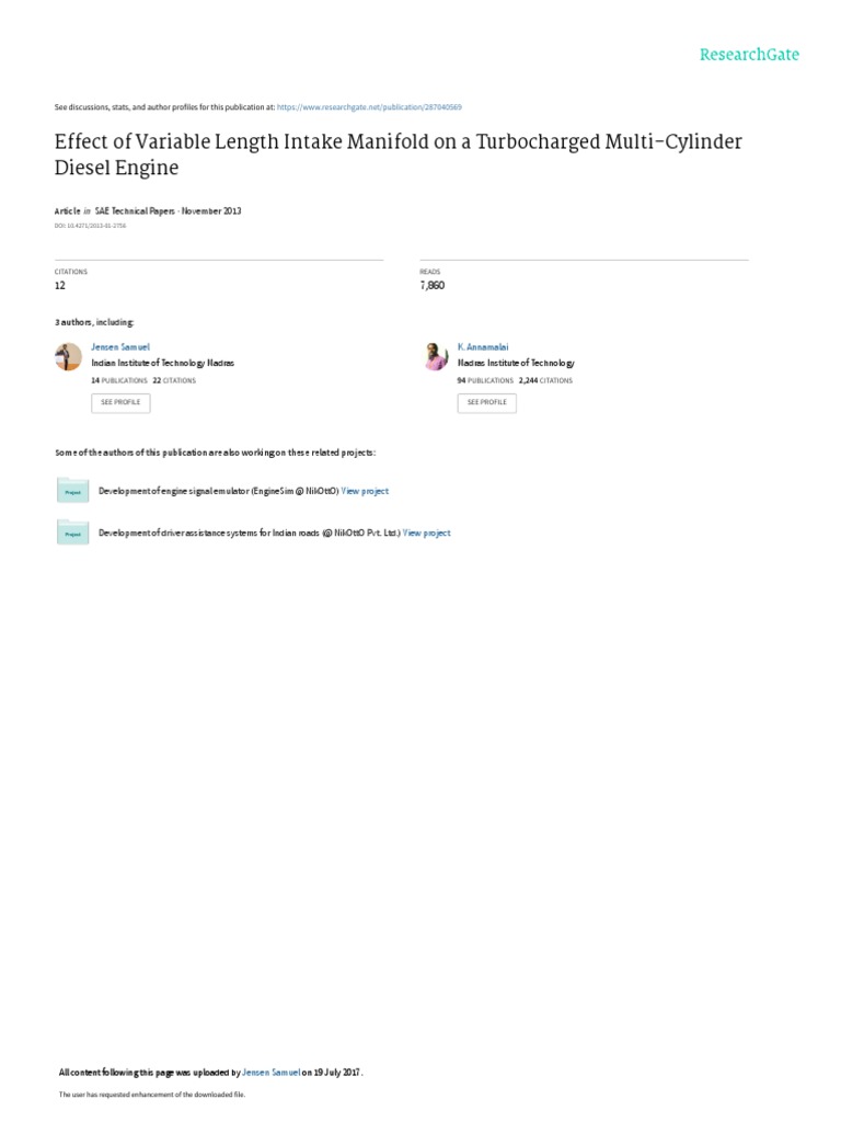 Effect of Variable Length Intake Manifold On A Turbocharged Multi ...