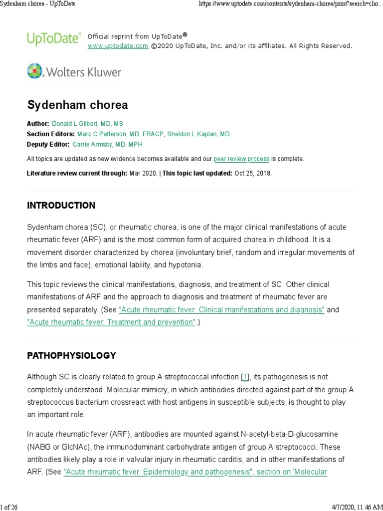 Sydenham Chorea | PDF | Medical Diagnosis | Tourette Syndrome