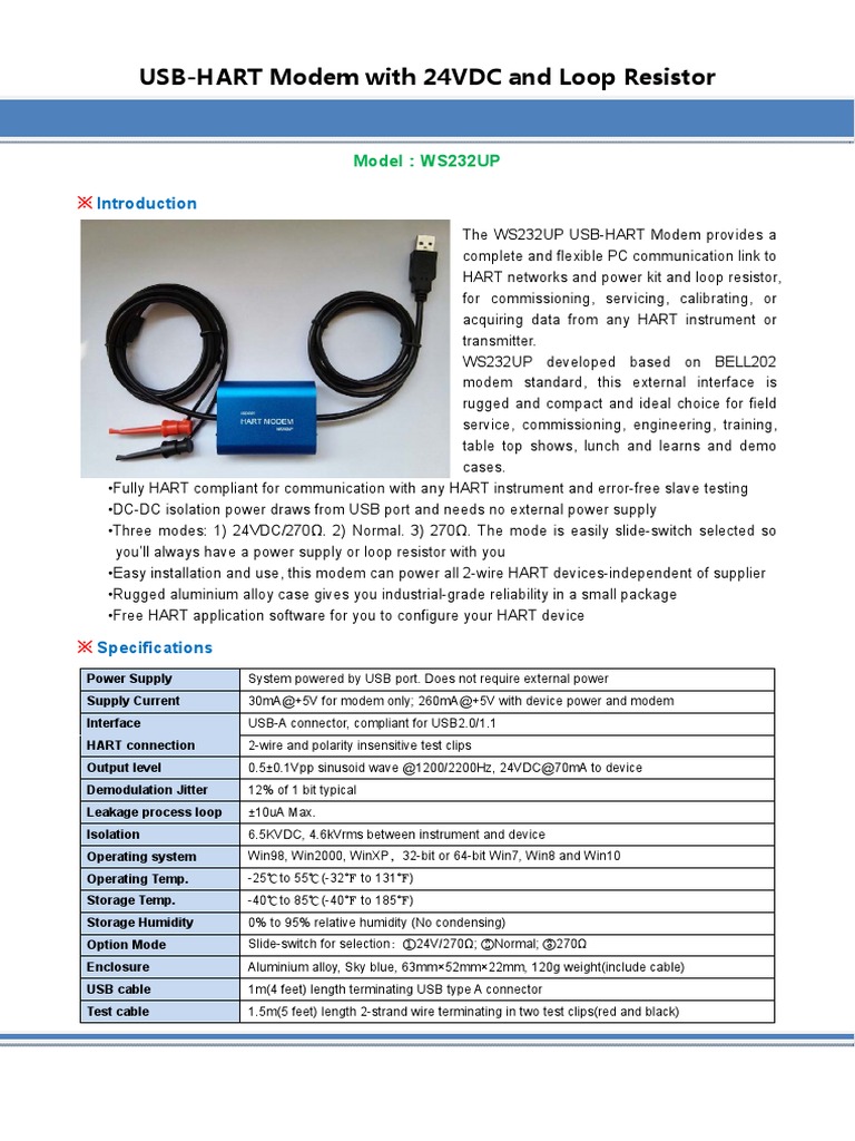 WS232UP USB-HART Modem Overview | PDF | Usb | Modem