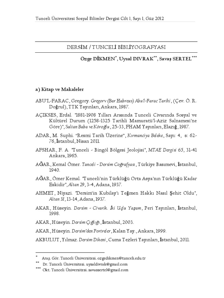 Tunceli Dersim Bibliyografyasi | PDF