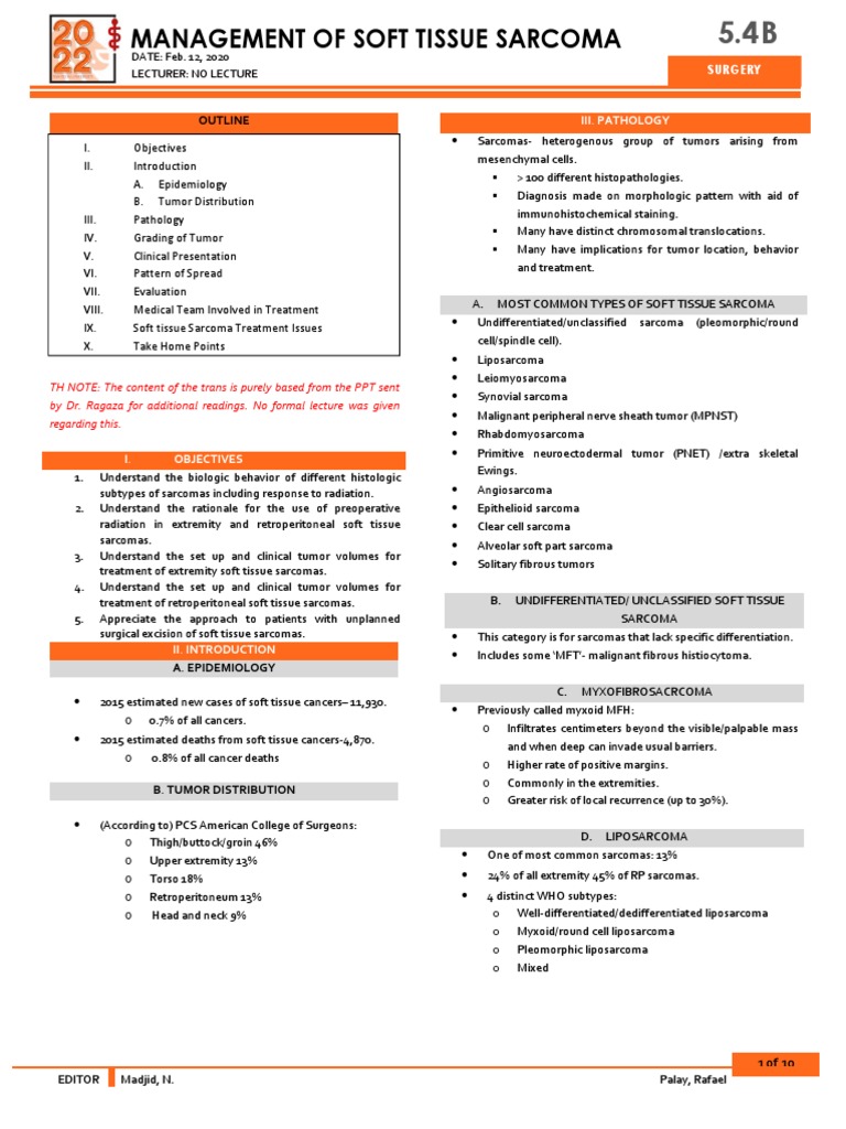 (SURG) 5.4b Management of Soft Tissue Sarcoma | PDF | Sarcoma ...