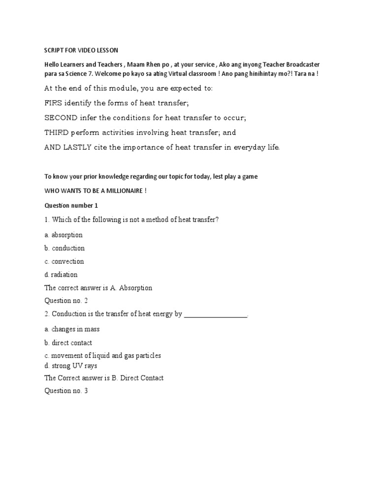 Script For Video Lesson | PDF | Heat Transfer | Heat