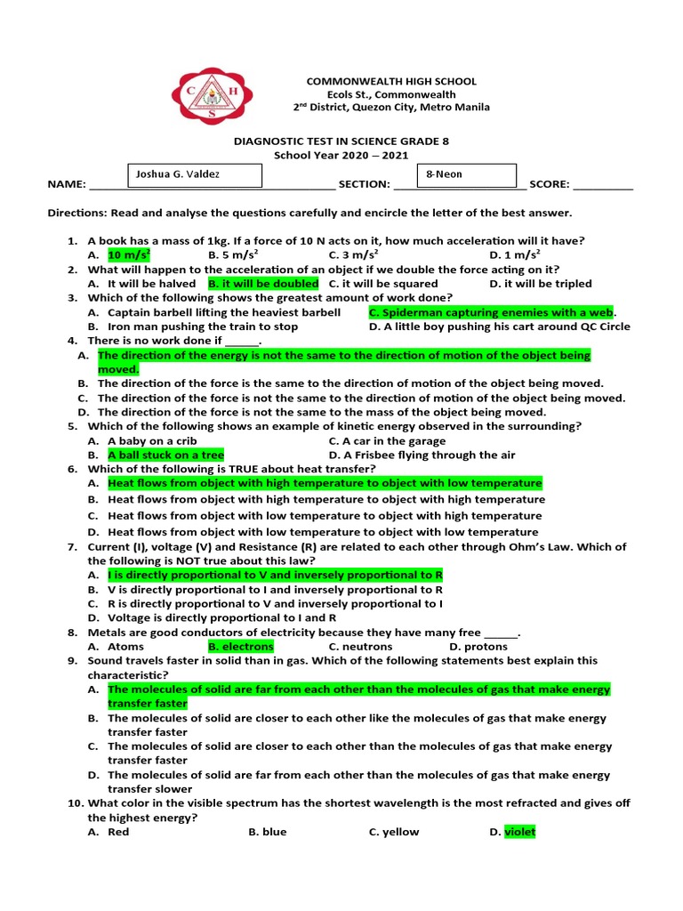 Grade 8 Science Diagnostic Test 2021 | PDF | Incandescent Light Bulb ...