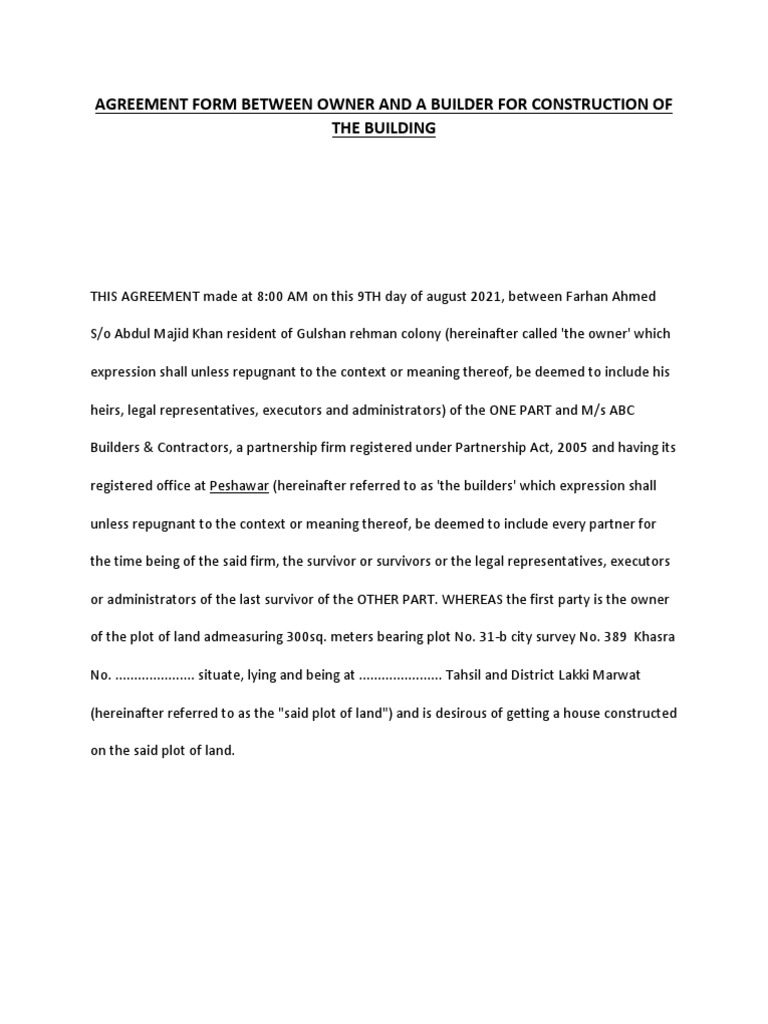 Builder-Owner Construction Agreement | PDF | Occupational Safety And ...