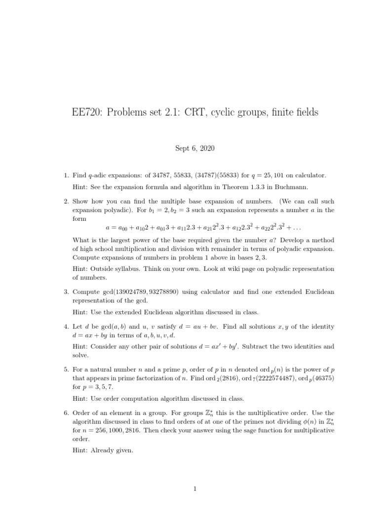 EE720: Problems Set 2.1: CRT, Cyclic Groups, Finite Fields: Sept 6 ...