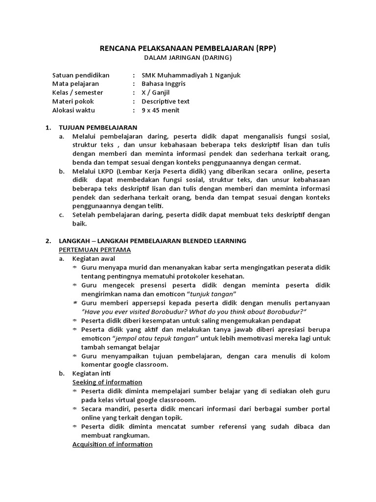 RPP Daring Bahasa Inggris Kelas X | PDF | Karier & Perkembangan
