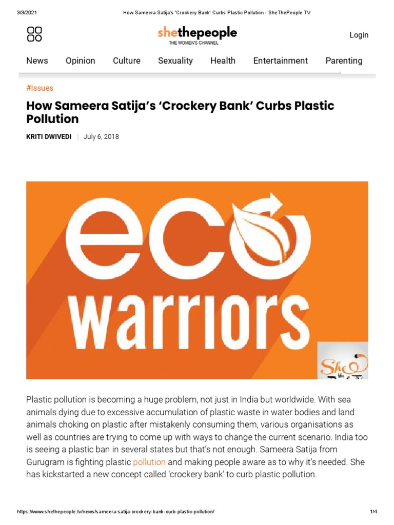 How Sameera Satija's 'Crockery Bank' Curbs Plastic Pollution - SheThePeople TV | PDF | Social ...