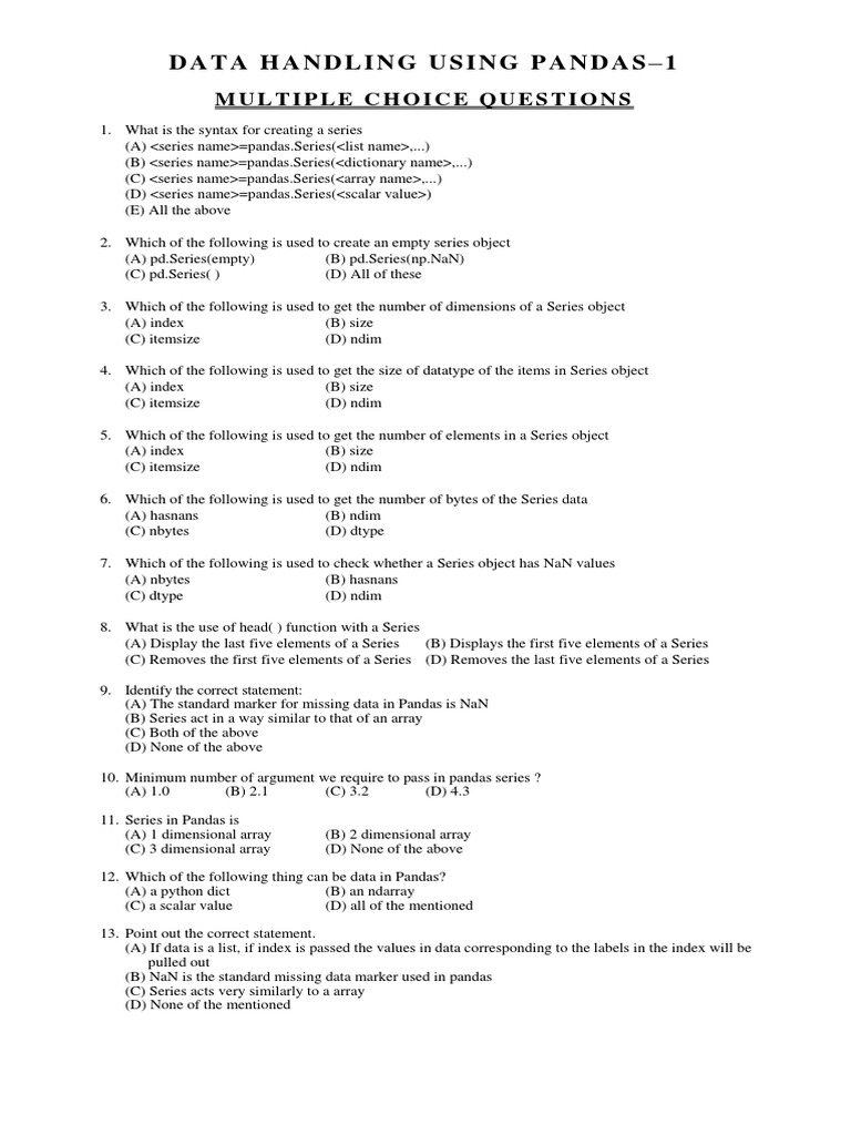DH Using Pandas-1 MCQs | PDF | Array Data Type | Information Technology Management