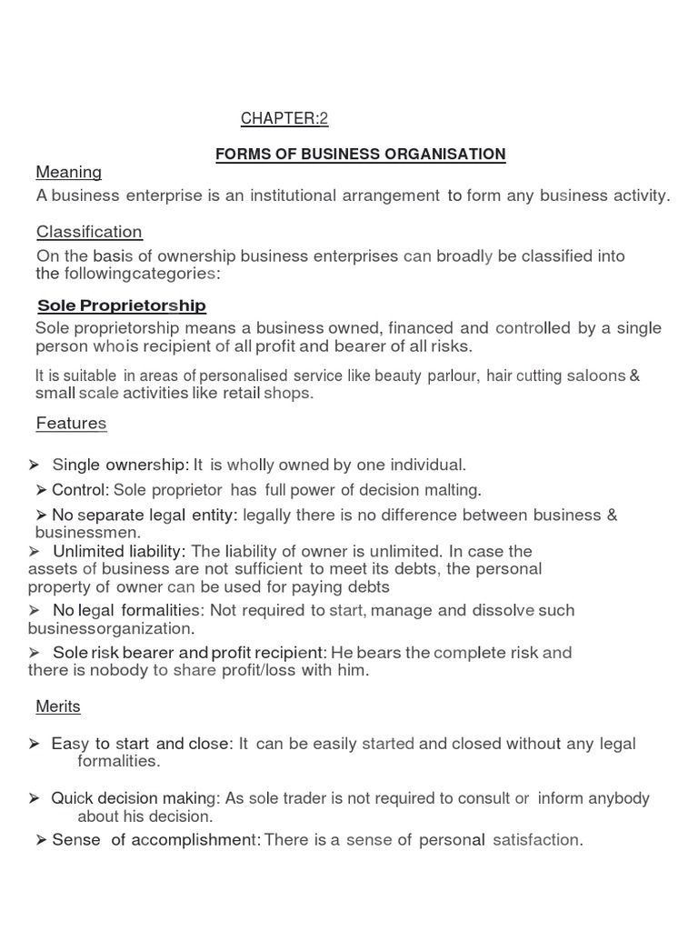 Chapter-2 - Forms of Business Organisation | PDF | Partnership | Sole ...