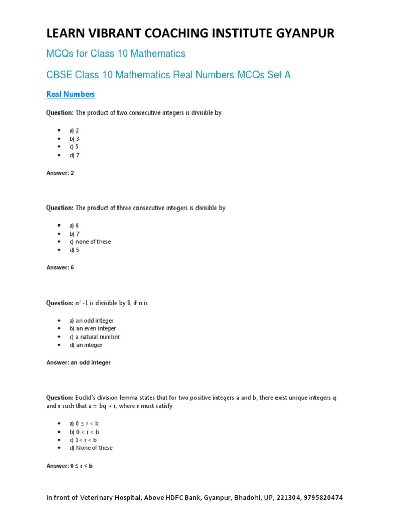 MCQs For Class 10 Mathematics | PDF | Rational Number | Numbers