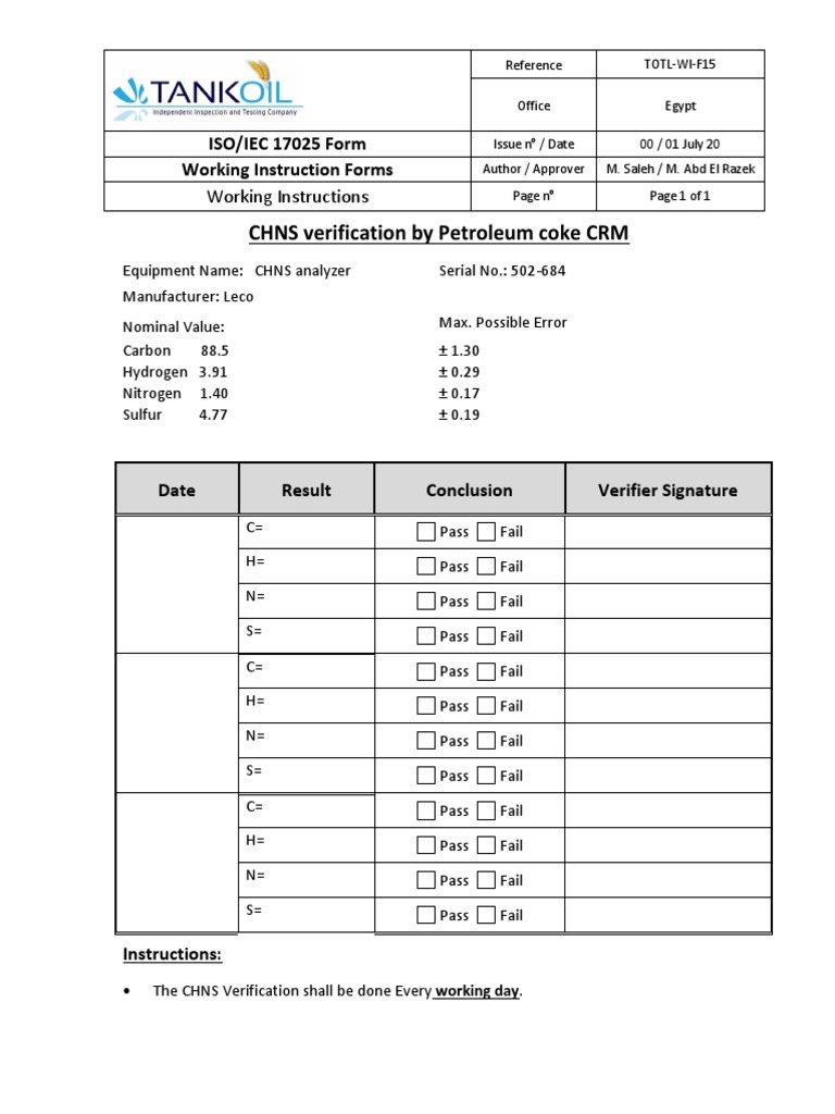 CHNS Verification by Petroleum Coke CRM: ISO/IEC 17025 Form Working ...