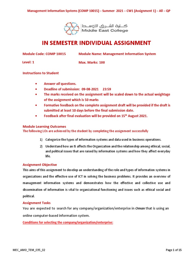 Management Information Systems Assignment | PDF | Evaluation | Plagiarism