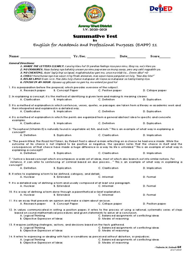 1st Summative Test - in - ENGLISH - FOR - ACADEMIC - AND - P | PDF ...