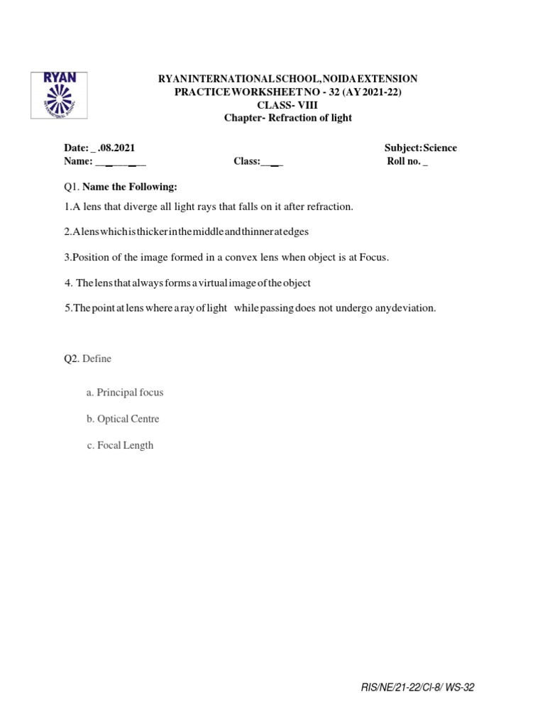 Reflection of Light Worksheet Class 8 | PDF | Art | Science & Mathematics