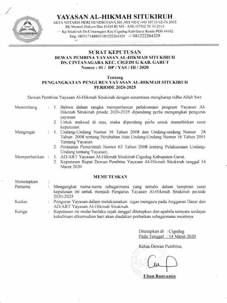 Contoh SK Pengurus Yayasan | PDF