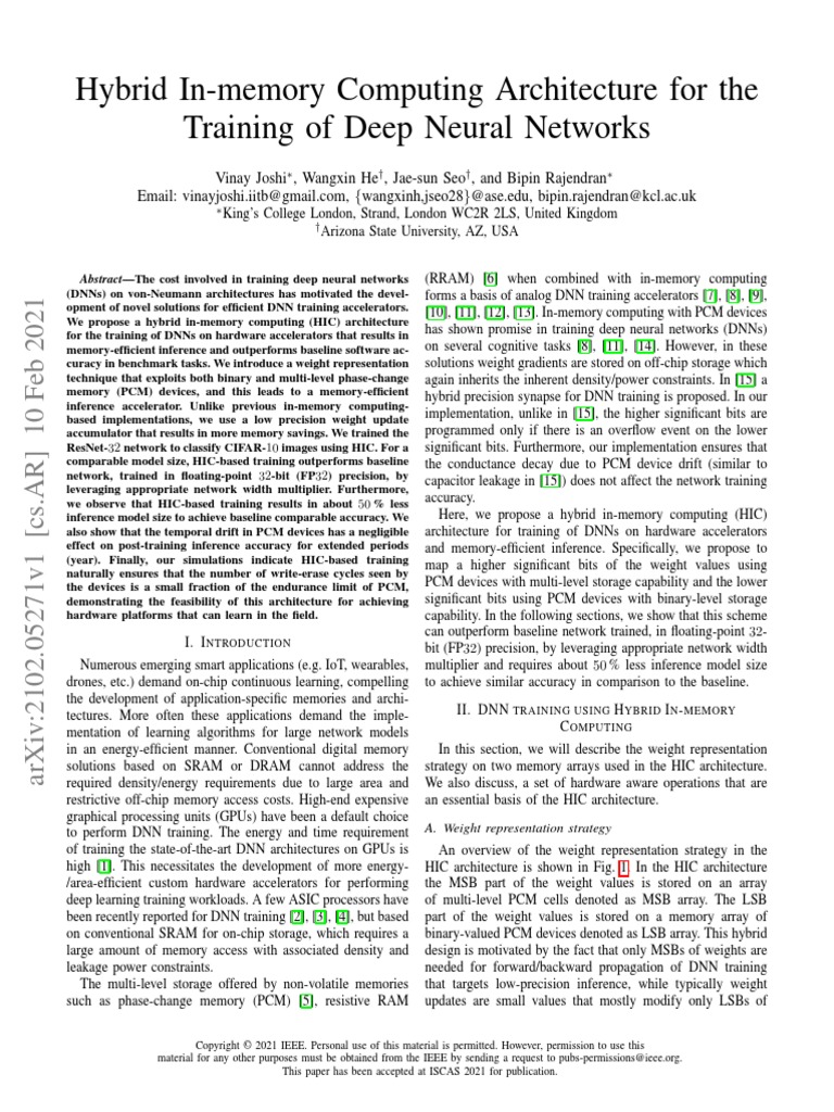 Hybrid In-Memory Computing Architecture For The Training of Deep Neural Networks | PDF | Deep ...