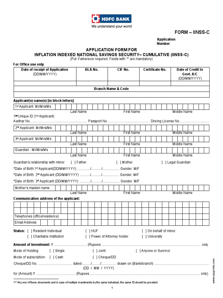 Application Form For Inflation Indexed National Savings Security ...