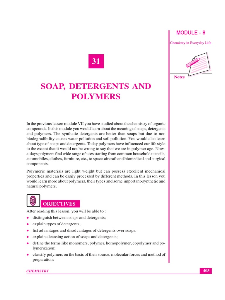 Soap, Detergents and Polymers: Module - 8 | PDF | Polymers | Surfactant