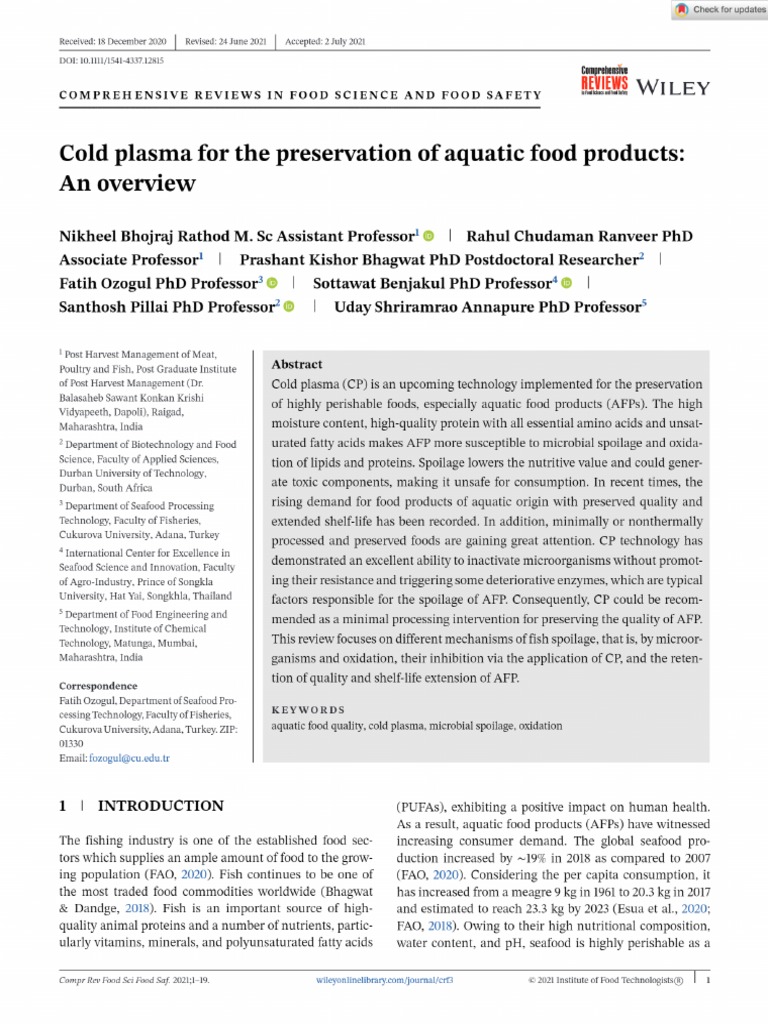 Cold Plasma For The Preservation of Aquatic Food Products - An Overview ...