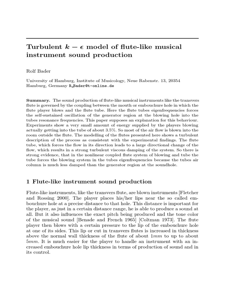 Turbulent K Model of Ute-Like Musical Instrument Sound Production | PDF ...