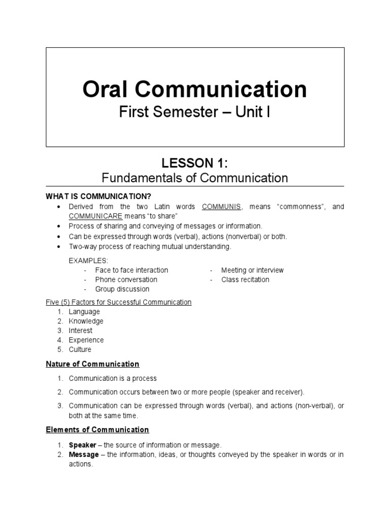 Oral Communication: First Semester - Unit I | PDF | Communication ...