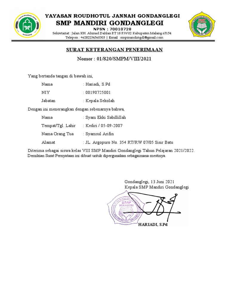 Surat Penerimaan Siswa SMP Mandiri | PDF