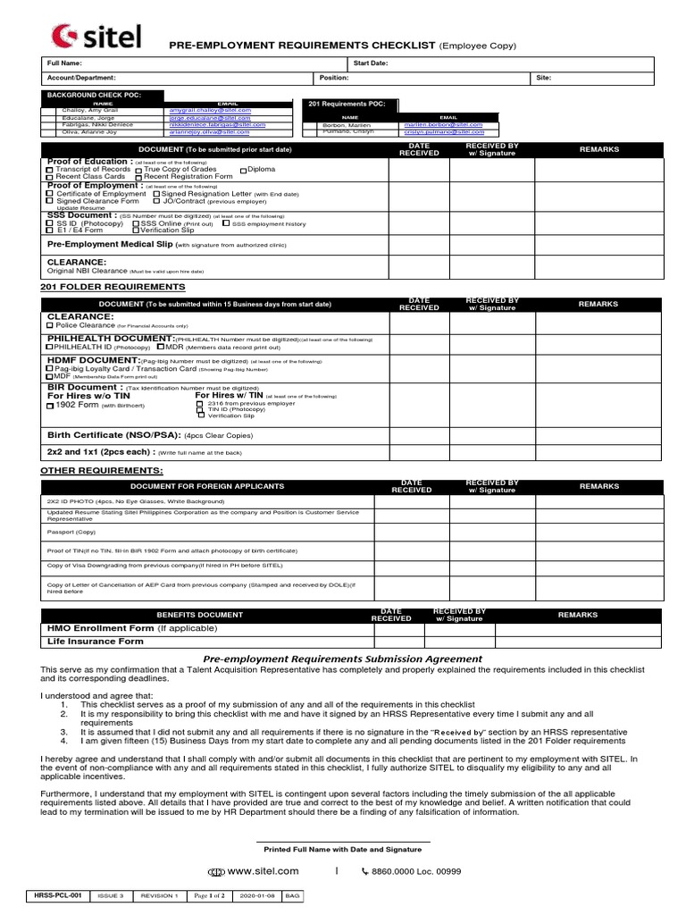 Pre-Employment Requirements Checklist: Proof of Education | PDF ...