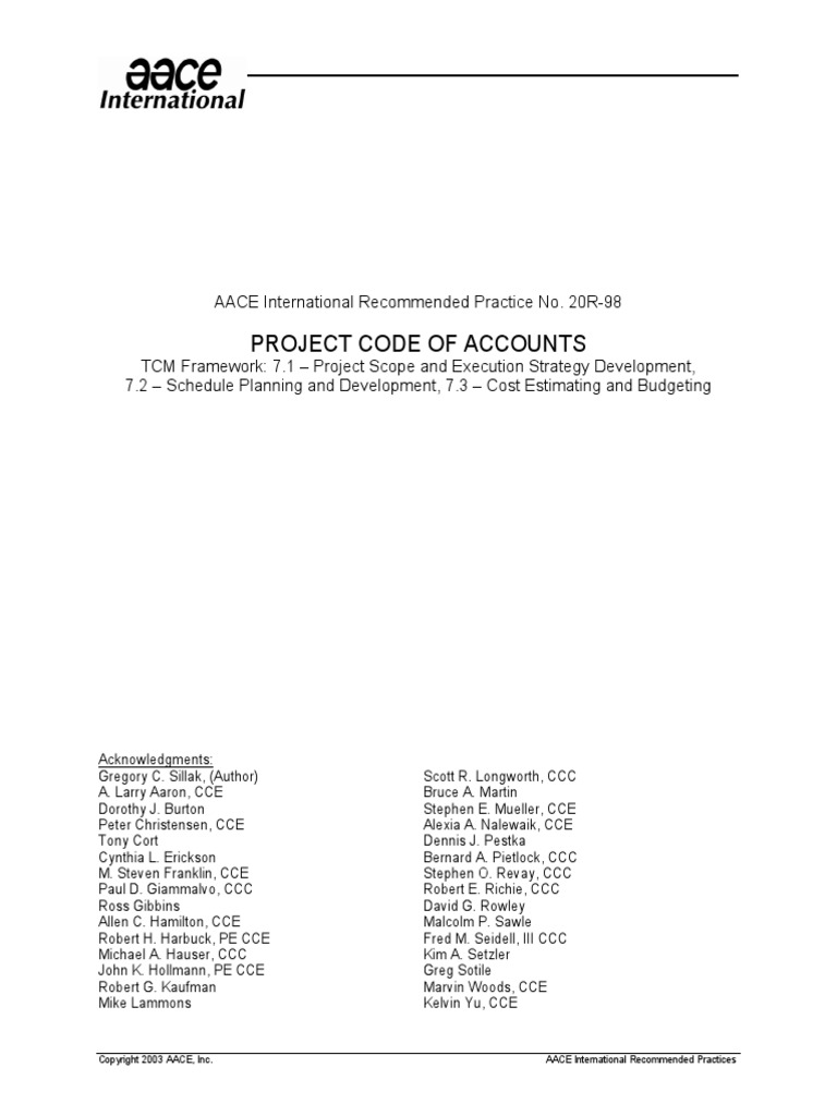 Project Code of Accounts: AACE International Recommended Practice No ...