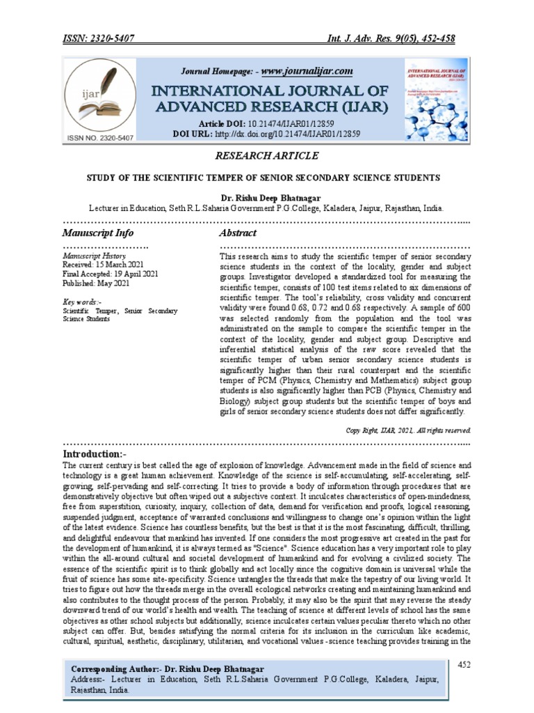 Scientific Temper in Senior Science Students | PDF | Science | Knowledge