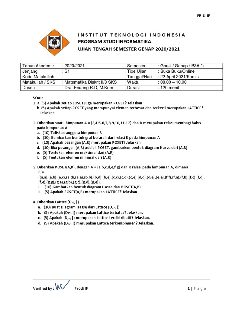 Soal UTS MATDIS II Genap 2021 Kelas A 22 April 2021 | PDF