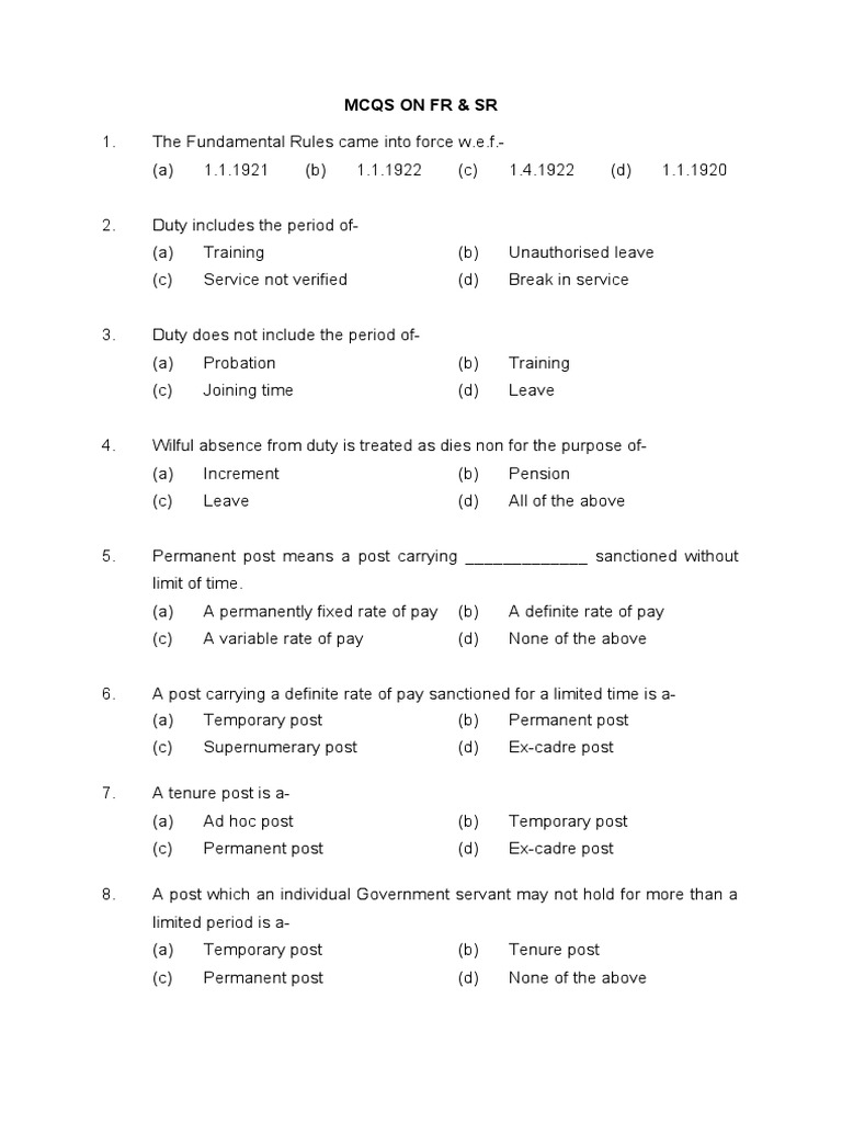 MCQs On FR & SR | PDF | Civil Service | Fee