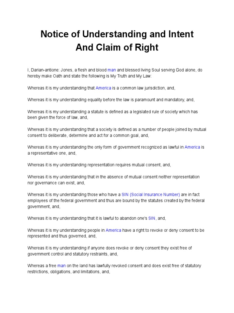 Notice of Understanding and Intent and Claim of Right | PDF | Notary ...