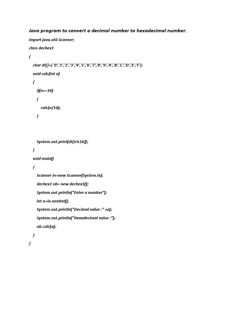 Java Program To Convert A Decimal Number To Hexadecimal Number Pdf