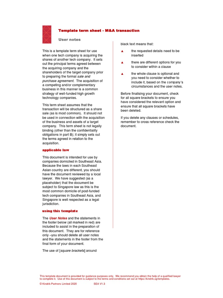 User Notes: Template Term Sheet - M&A Transaction | PDF | Mergers And ...