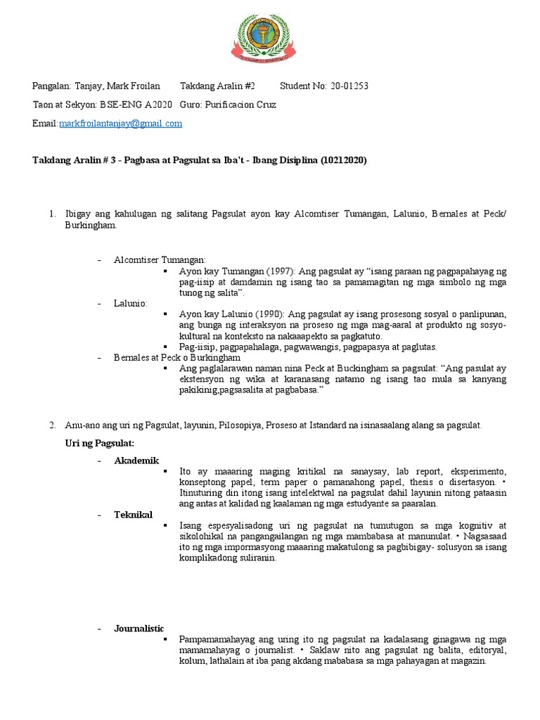 Tanjay, Mark Froilan BSE-EnG A2020 TA#3 GE10 | PDF