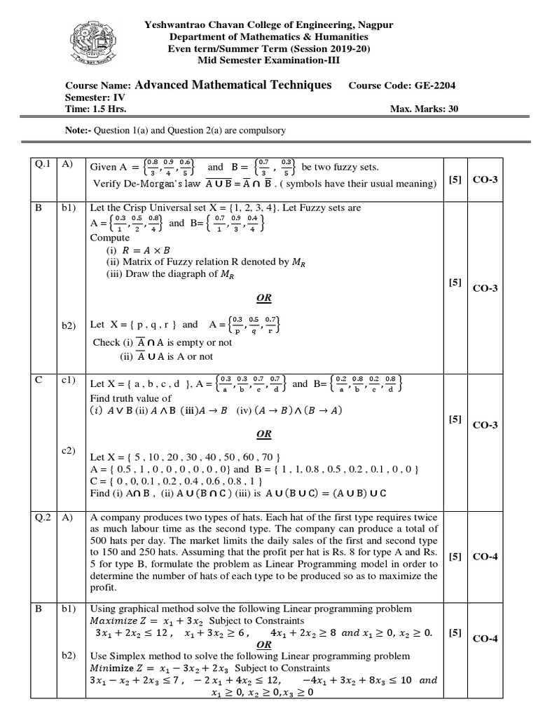 Advanced Mathematical Techniques: Time: 1.5 Hrs. Max. Marks: 30 | PDF ...