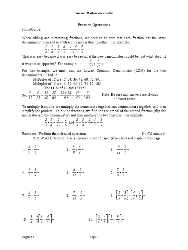 Fraction Operations: Summer Mathematics Packet | PDF | Area ...