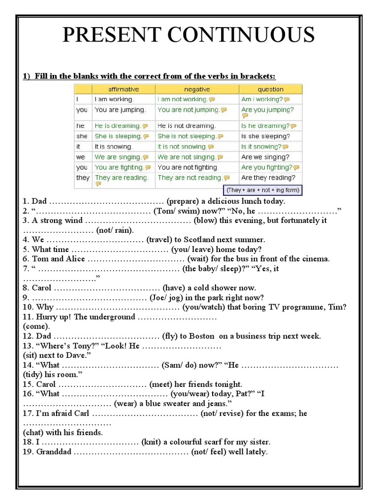 Present Continuous: 1) Fill in The Blanks With The Correct From of The ... Present Continuous: 1) Fill in The Blanks With The Correct From of The ...