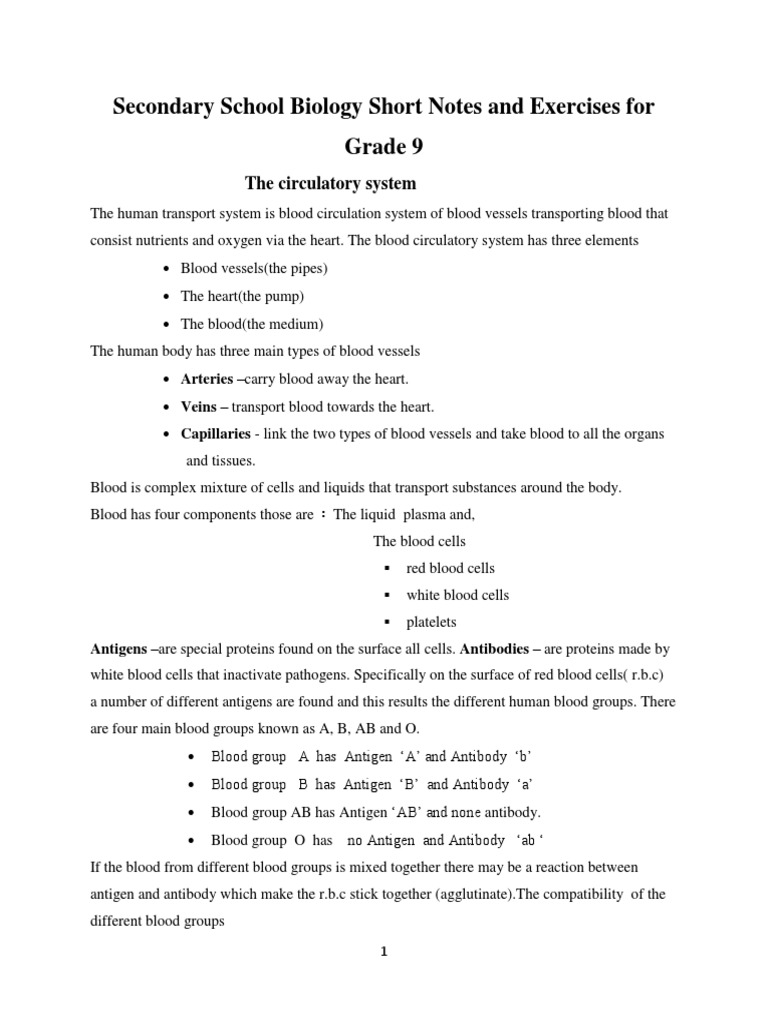 Secondary School Biology Short Notes and Exercises For Grade 9 ...