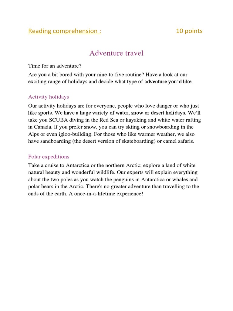 Adventure Travel: Reading Comprehension: 10 Points | PDF