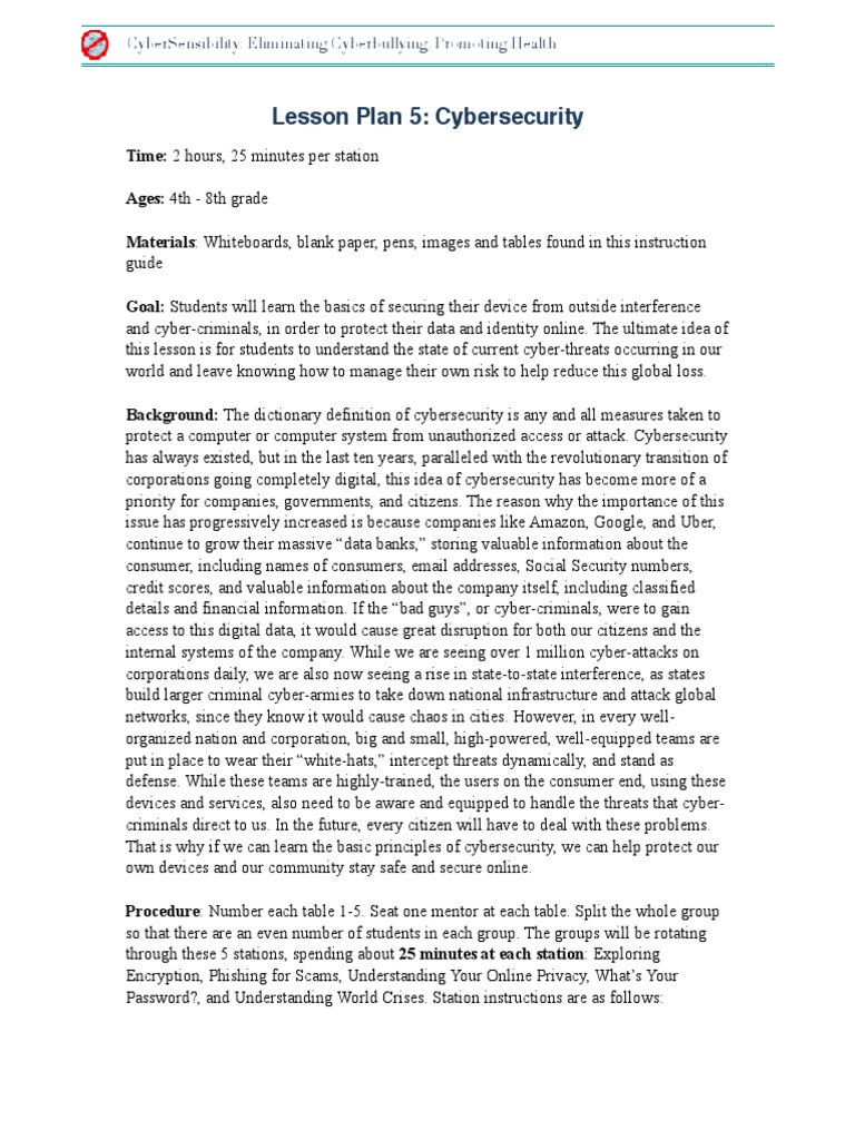 Lesson Plan 5: Cybersecurity: Cybersensibility: Eliminating ...