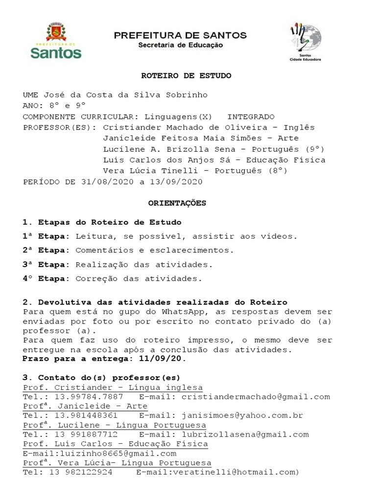 Roteiro de Estudos - 8os e 9o Ano - Linguagens - 1a Quinzena de ...