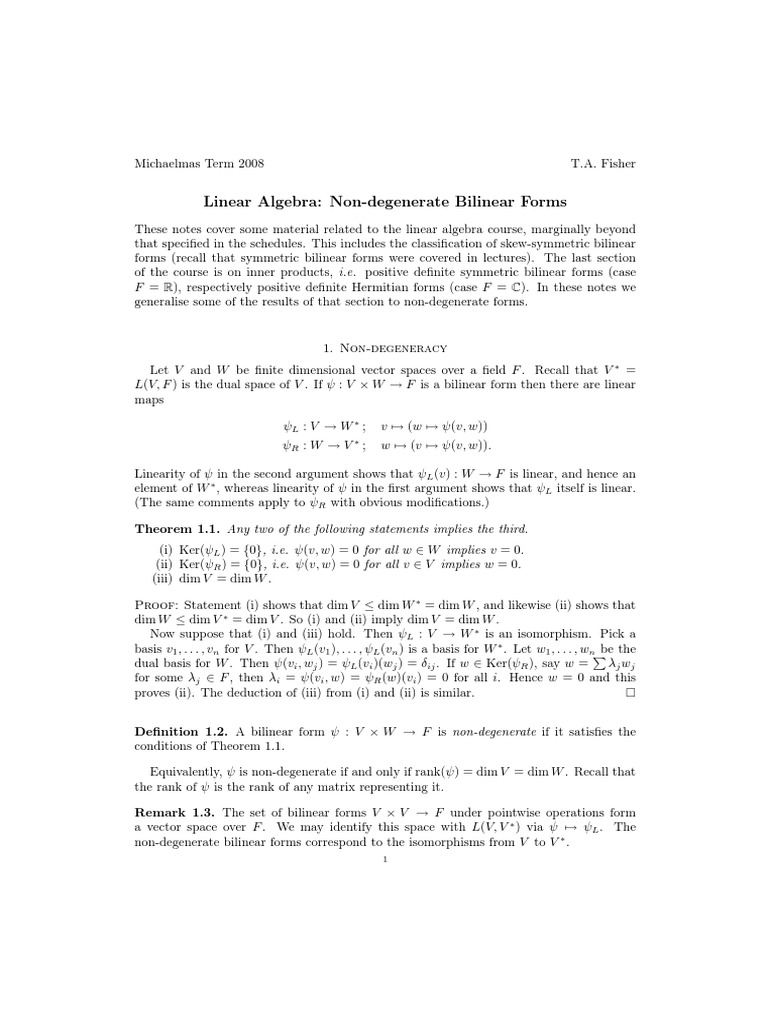 Linear Algebra: Non-Degenerate Bilinear Forms | PDF | Basis (Linear Algebra) | Theoretical Physics