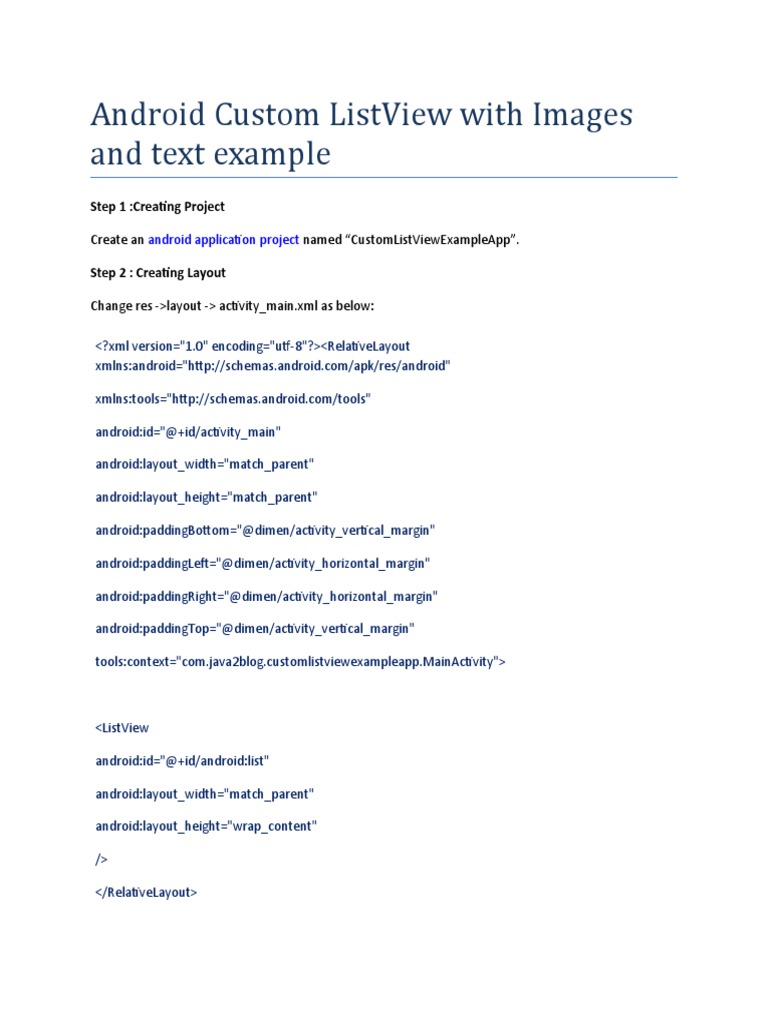 Android Custom Listview With Images And Text Example Pdf Android Operating System String