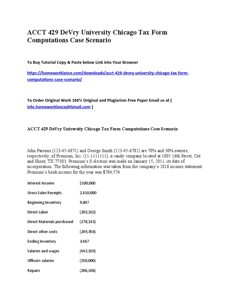 ACCT 429 DeVry University Chicago Tax Form Computations Case Scenario | PDF | Expense | Income